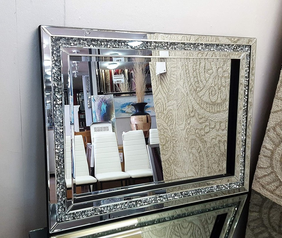 New 80x60cm Crushed Diamond Crystal Glass Silver Frame Large Jewel Wall ...