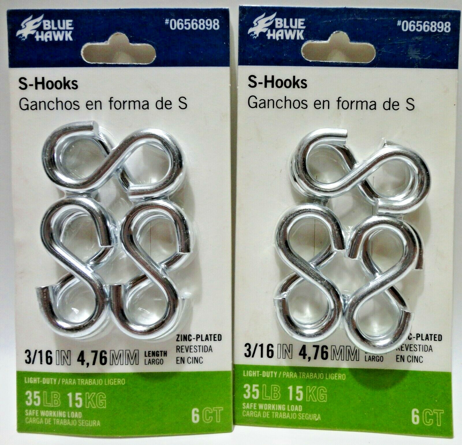 12-Pk Blue Hawk 3/16" S-Hooks Zinc Plated 35lb Load Light-Duty 0656898 ...