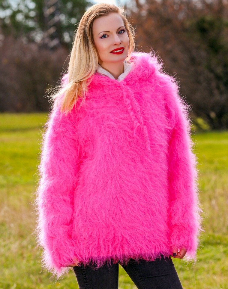Fuzzy mohair sweater pullover hood hand knitted thick fluffy jumper ...