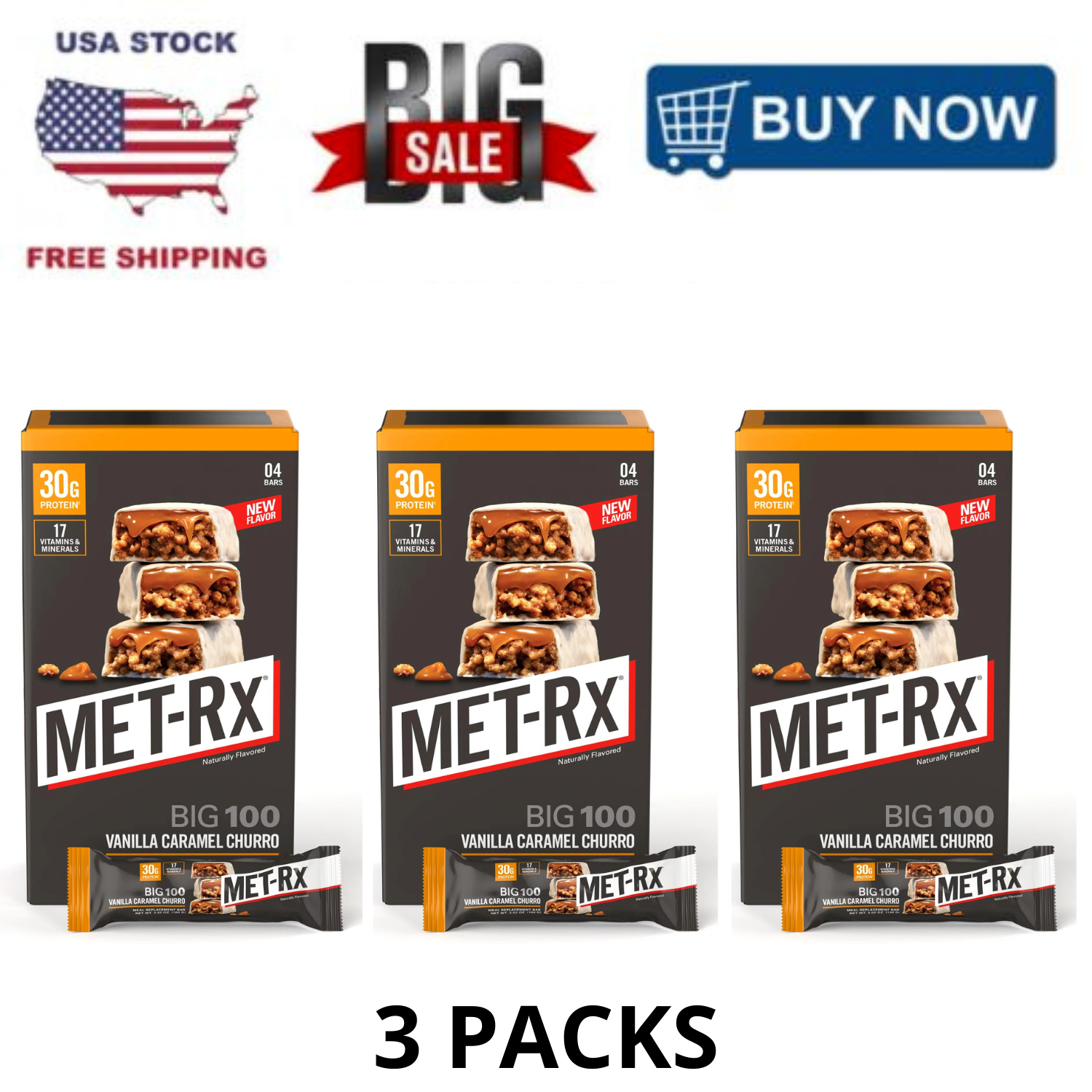 MET-Rx Big 100 Protein Bars, Vanilla Caramel Churro Bars, 30g Protein ...