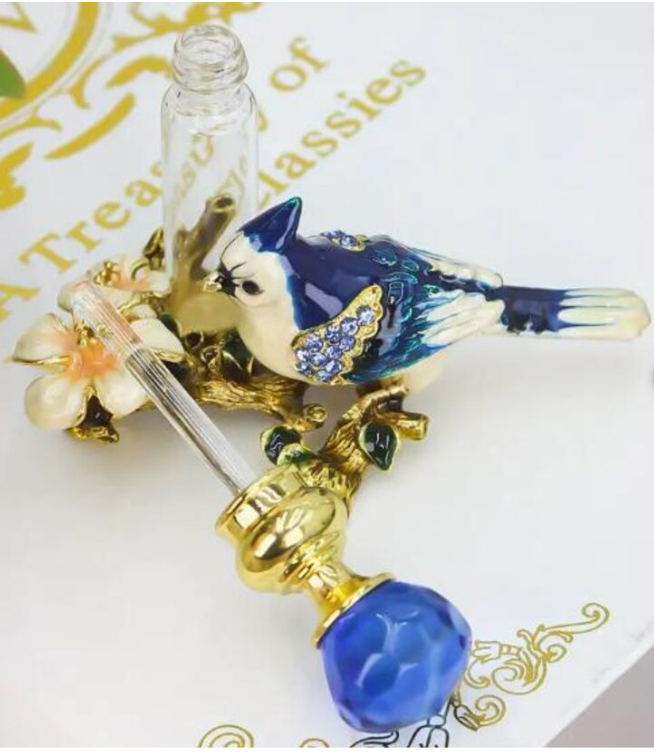 PERFUME BOTTLE-Blue Bird Vintage Style Floral Enameled Elegant Golden ...