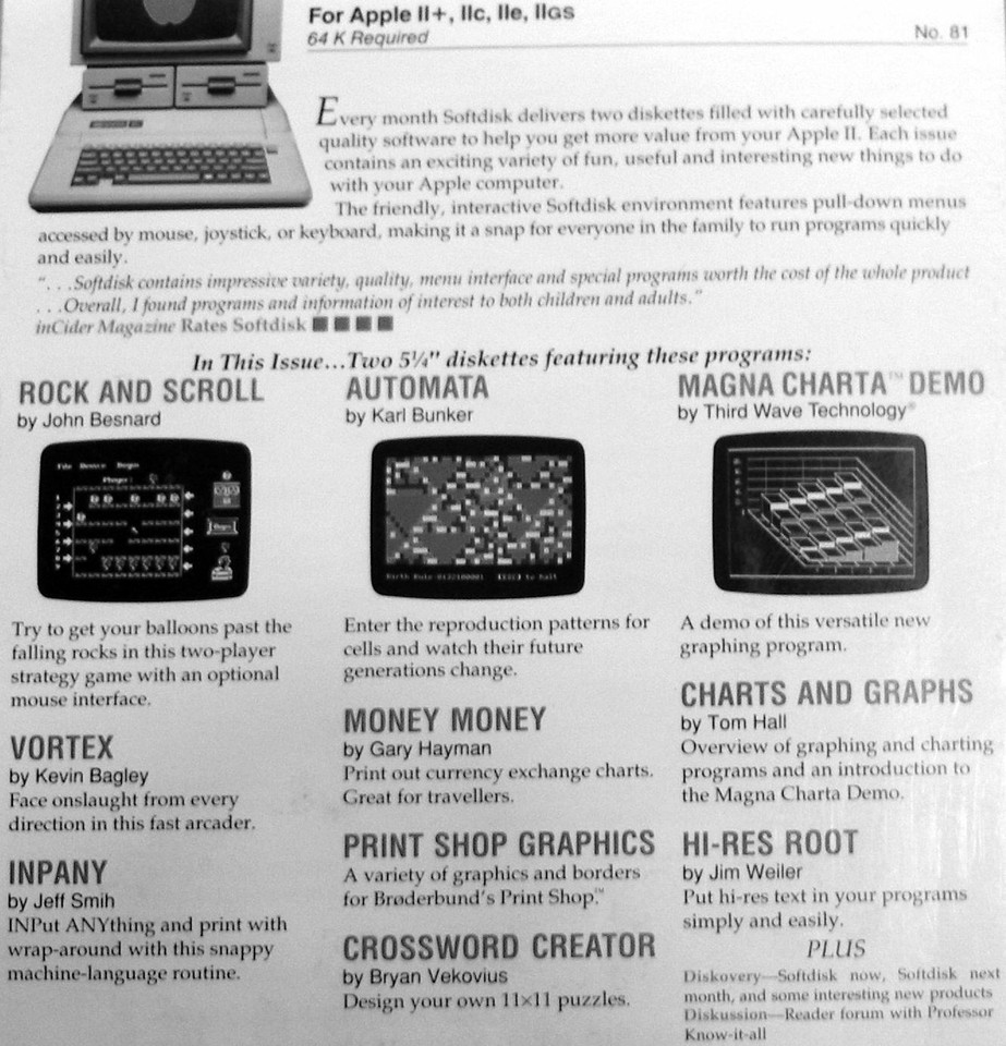 Softdisk Magazine #81 Disks for Apple II+, IIe, IIc, IIGS - Vortex by ...