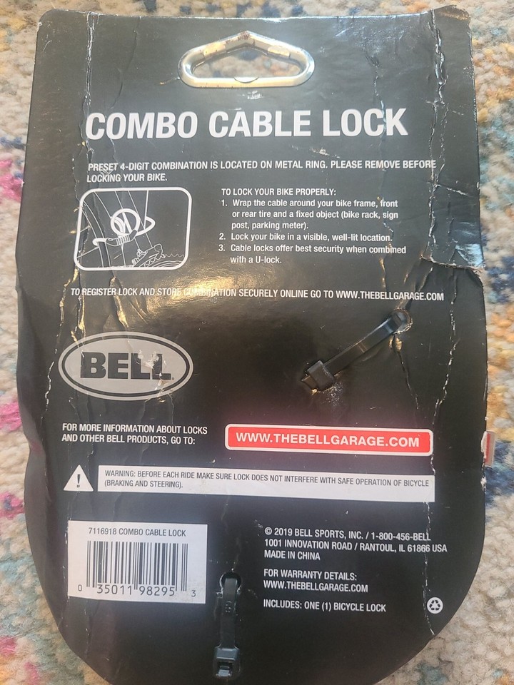 BELL Combination Bike Lock Cable Lock 8mm x 5' Protective Cover Bicycle ...