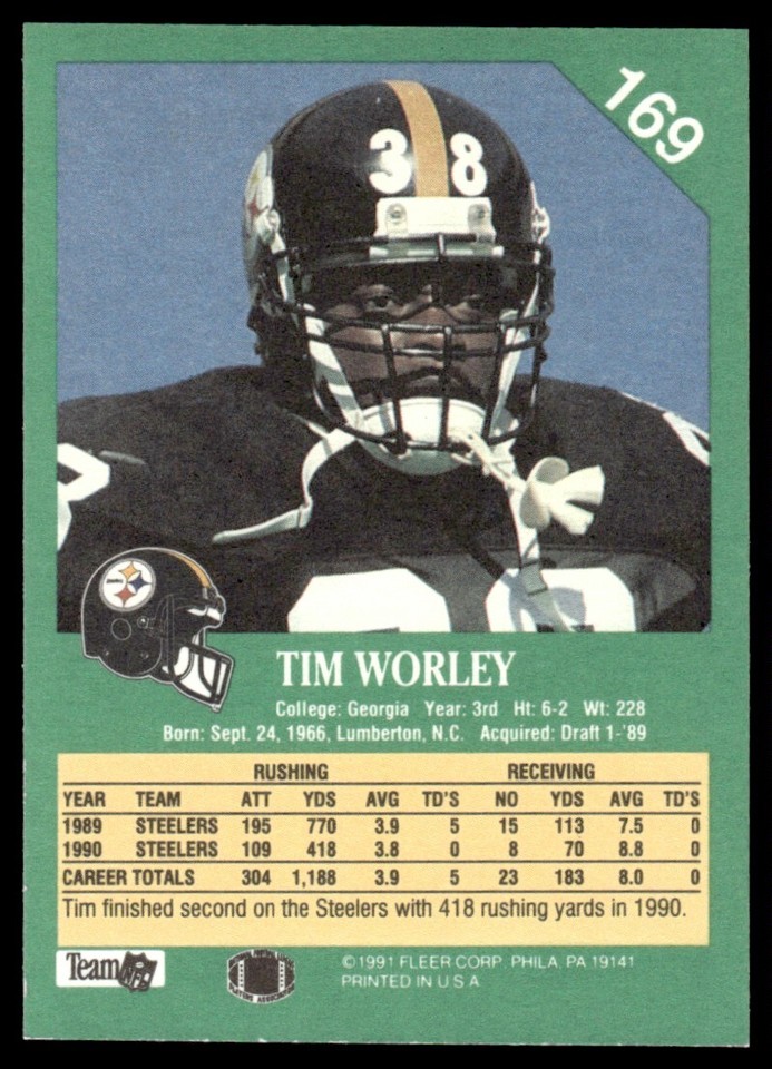 1991 Fleer Tim Worley Pittsburgh Steelers #169 Georgia Bulldogs | eBay