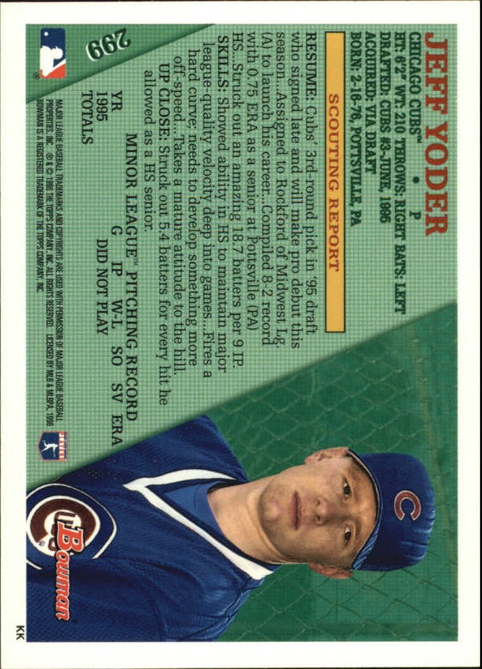 1996 Bowman Baseball Card #299 Jeff Yoder RC | eBay