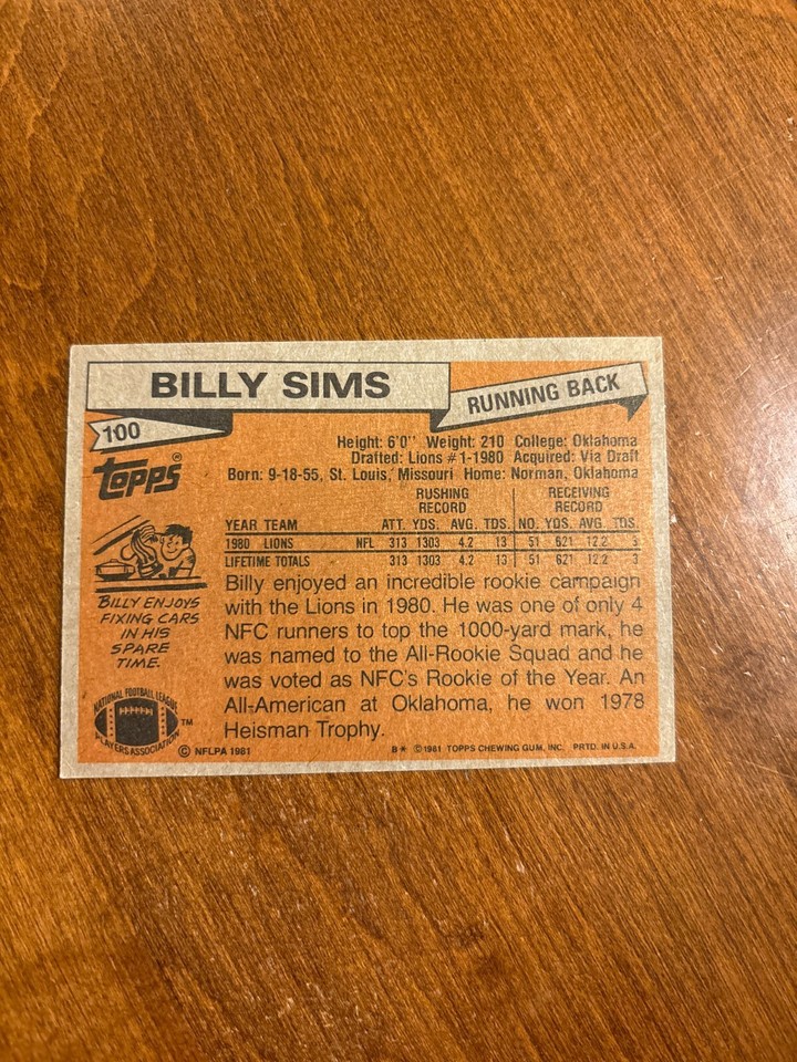 Billy Sims 1981 Topps All Pro Rookie #100 Detroit Lions RC | eBay