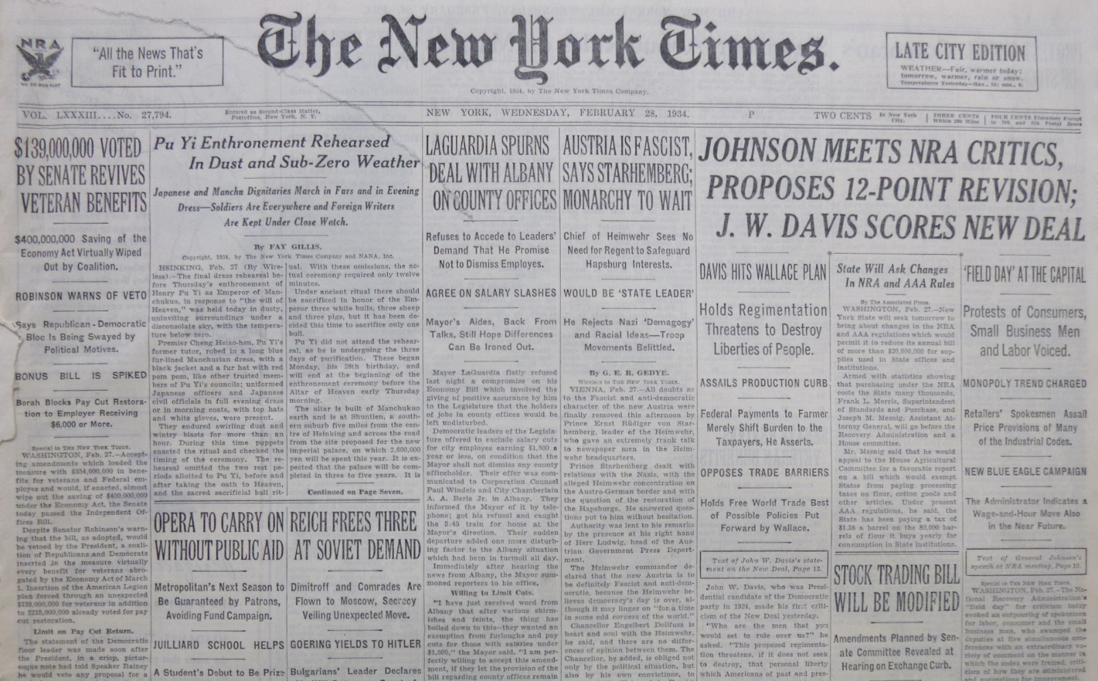 2-1934 February 28 AUSTRIA IS FASCIST SAYS STARHEMBERG MONARCHY TO WAIT ...