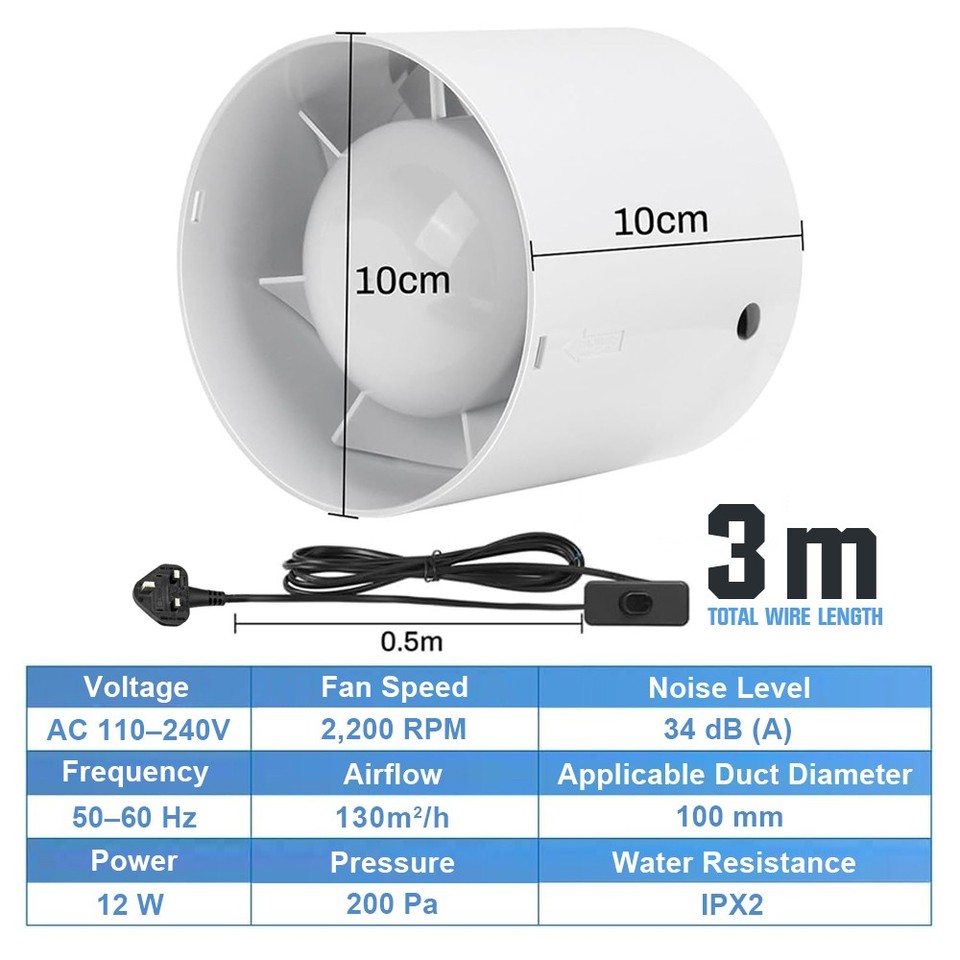 100mm Inline Duct Extractor Fan Exhaust Fan with 3m Cable and Non ...