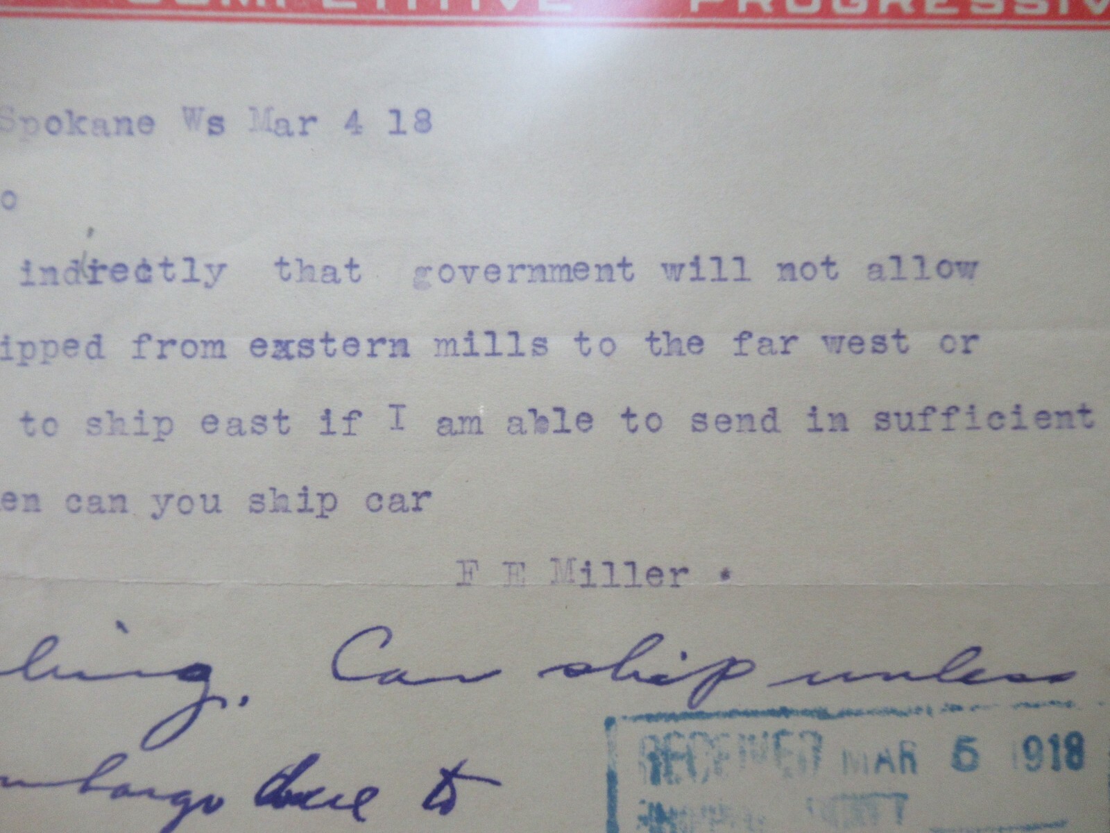 1918 Antique Telegram, WW1, Government prohibits Shipping East-West ...