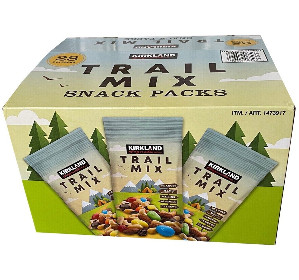 2 x BOX Kirkland TRAIL MIX snack packs (56 packs) Peanuts M&Ms Cashews ...