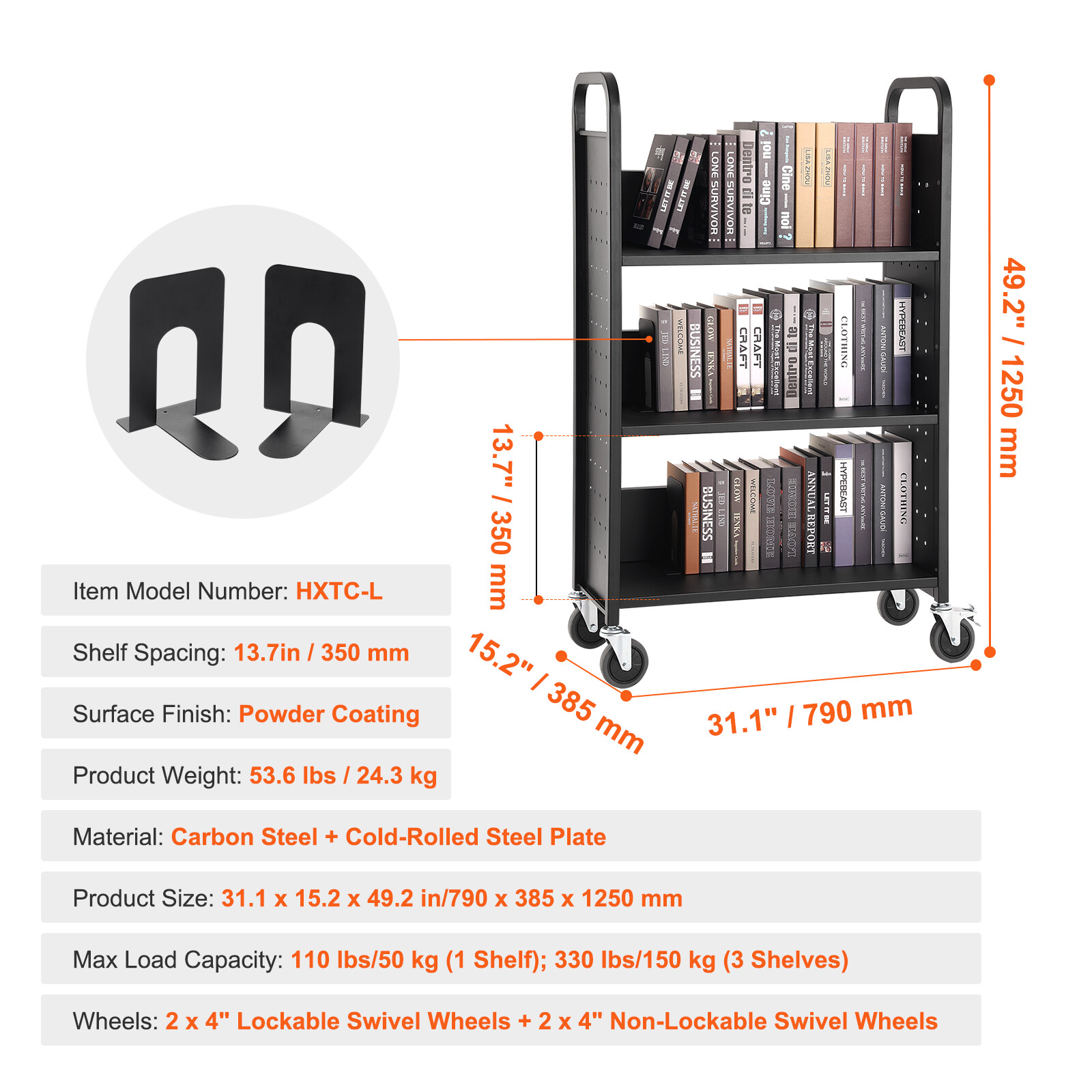 VEVOR Book Cart Library Cart 330 lbs Capacity with L-Shaped Shelves in ...