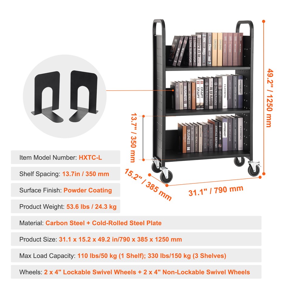 VEVOR Book Cart Library Cart 330 lbs Capacity with L-Shaped Shelves in ...