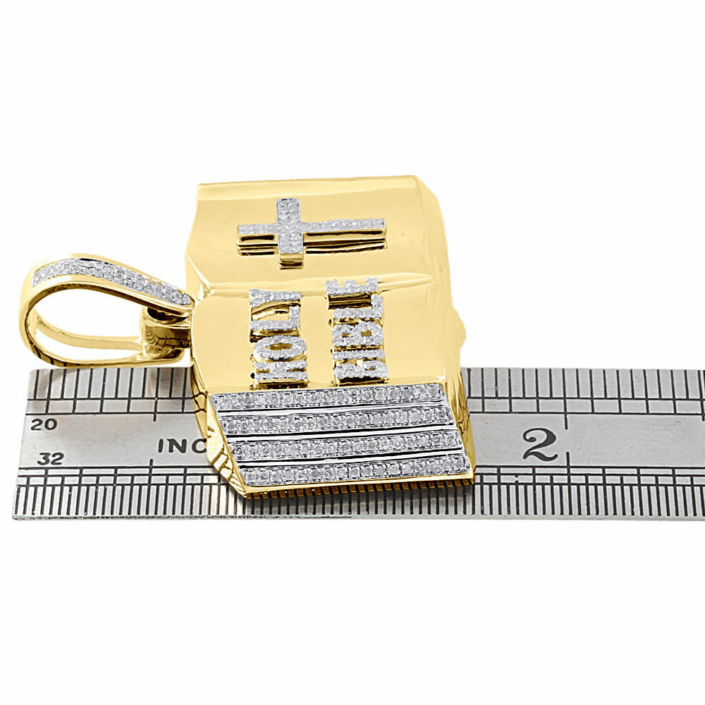 10K Yellow Gold Holy Bible Book Diamond Pendant 1.70" Mens Cross Pave ...