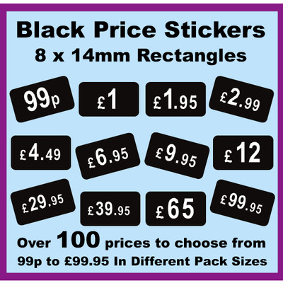 8 x 14mm Black Rectangular Price Point Stickers / Sticky Swing Tag ...