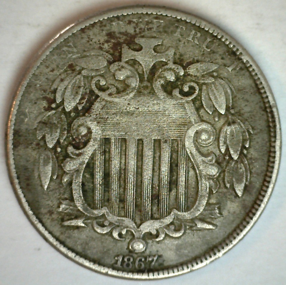 1867 Shield Five Cents Copper Nickel Coin No Rays Variety 5c US Type ...