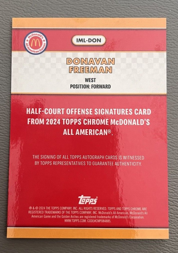 2024 Topps Chrome McDonald's Donovan Freeman silver auto Half Court ...