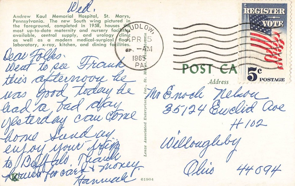 Postcard St. Mary's, Pennsylvania: Andrew Kaul Memorial Hospital | eBay