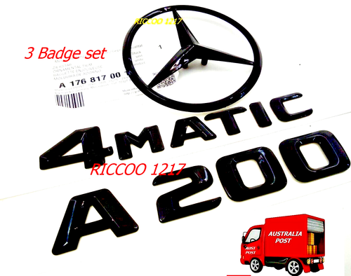A200 badge set for Mercedes Benz 3 pce gloss black 82mm badge W176 A180 ...