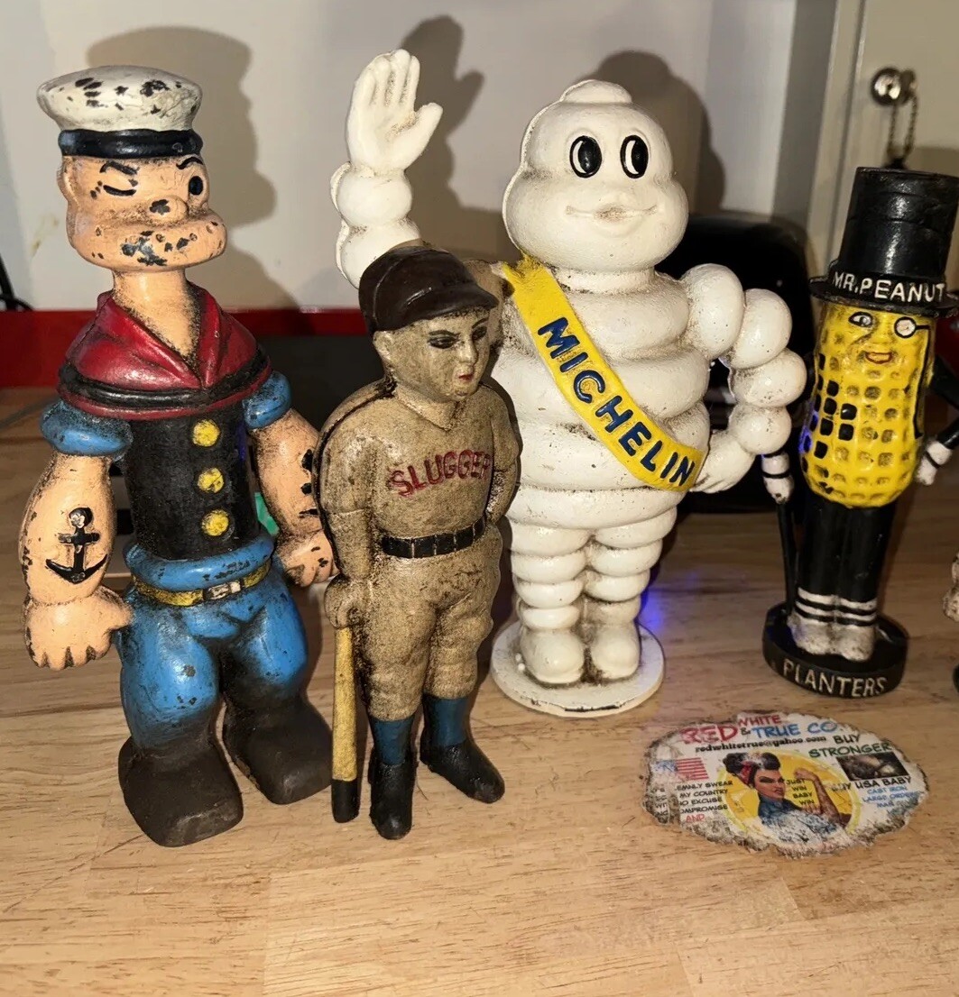 Michelin Mr. Peanut Popeye Bambino Piggy Bank Lot x4 Cast Iron Patina ...