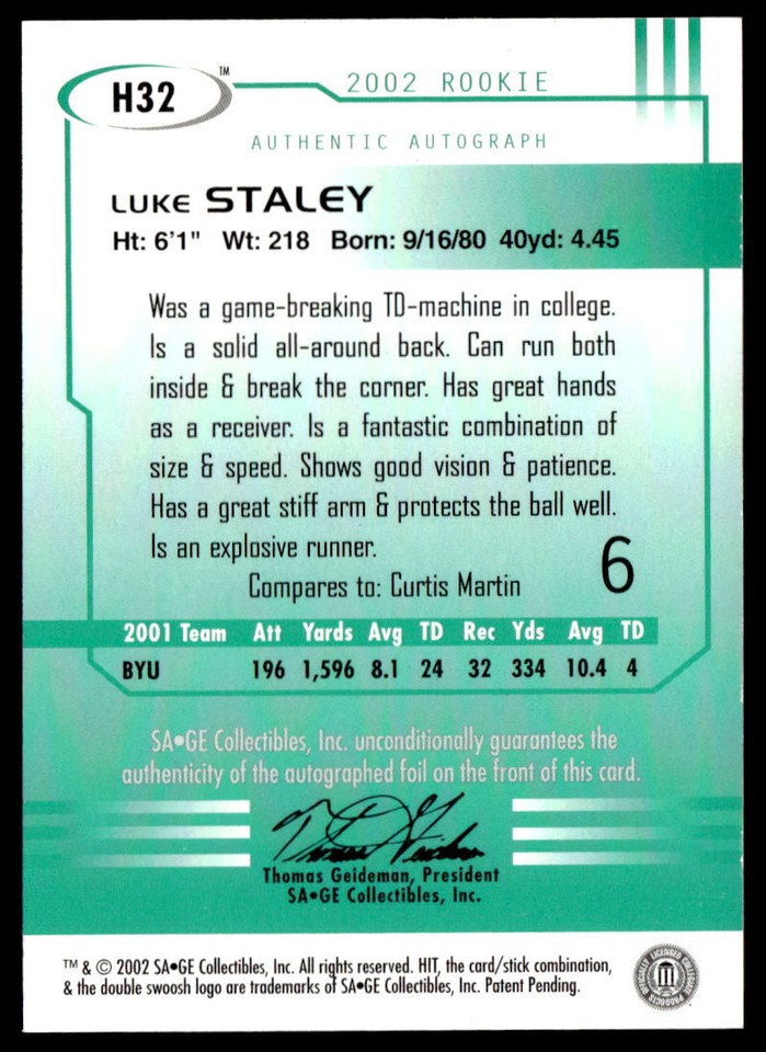 2002 SAGE HIT #H32 Luke Staley Autographs Emerald BYU Cougars | eBay