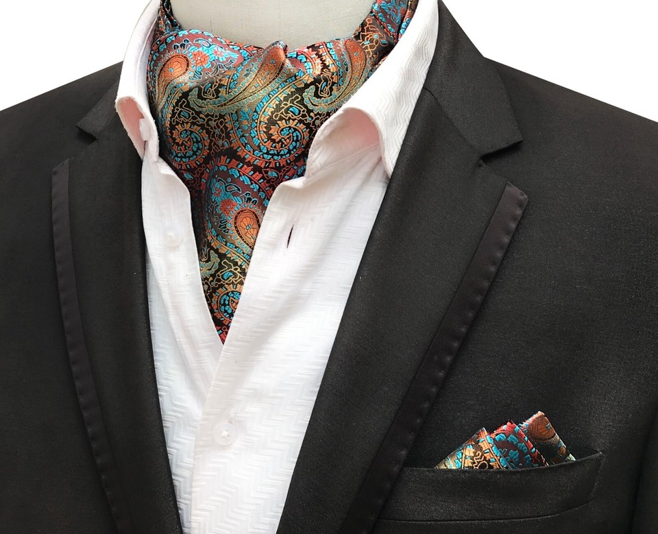 Classic Men's Ascot Cravat Tie Silk Paisley Blue Black Scarves Cravat ...
