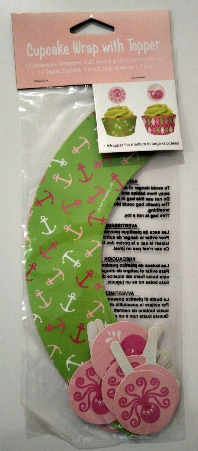 Ocean Preppy Whale Octopus Pink Cupcake Toppers x 12 Baby Shower 1st ...