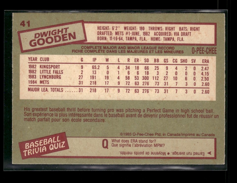 1985 O-Pee-Chee #41 Dwight Gooden New York Mets | eBay