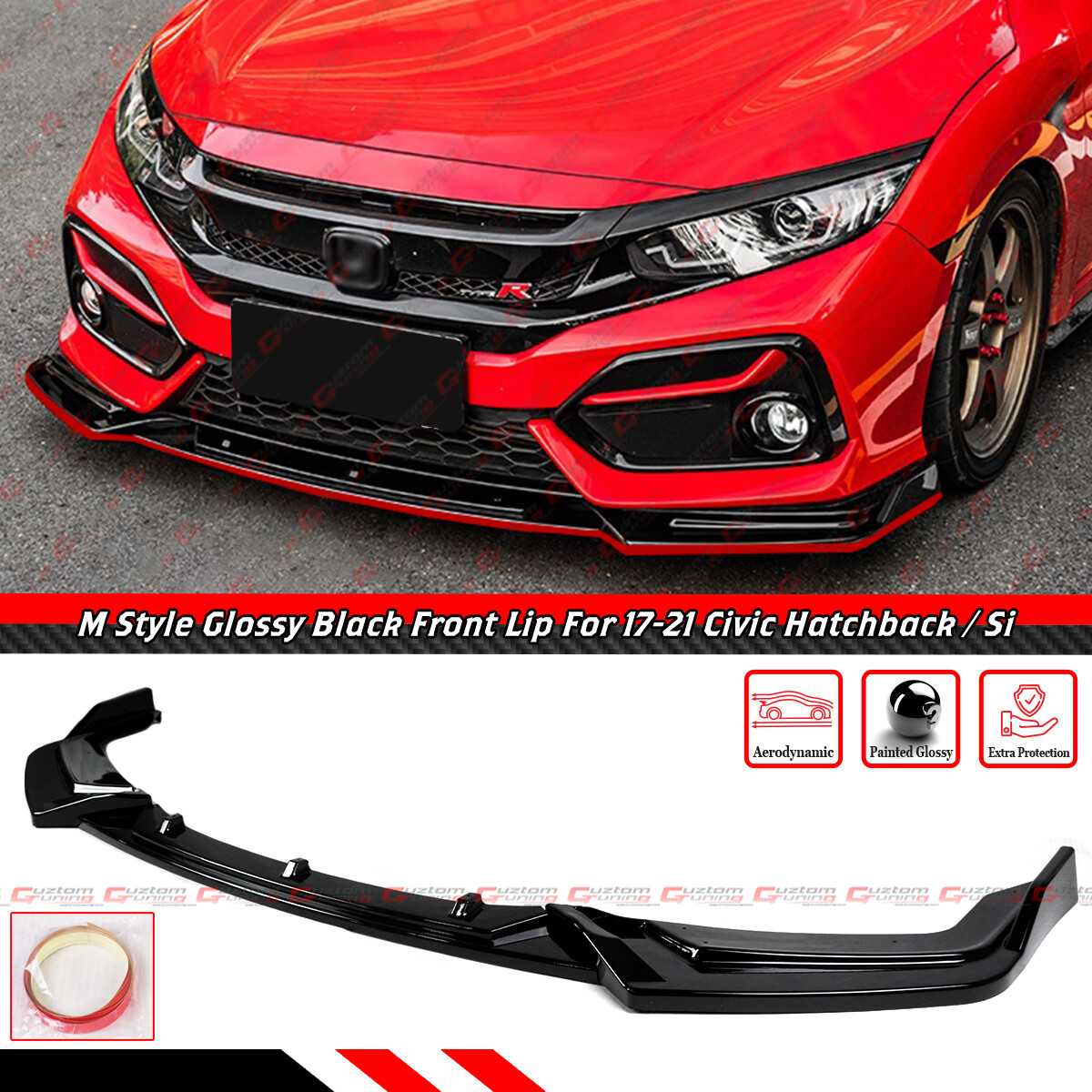 FOR 17-21 CIVIC Si & FK7 HATCHBACK M STYLE GLOSS BLACK FRONT BUMPER LIP ...