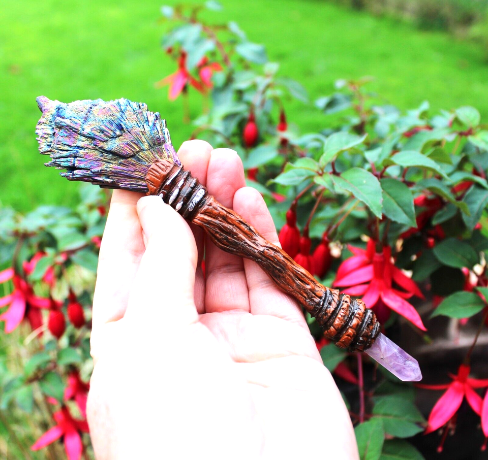 Crystal Wiccan magic wand titanium aura Kyanite and Amethyst crystals ...