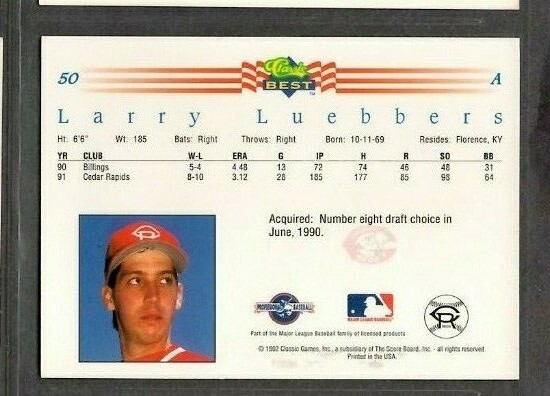 1992 Classic #50 Larry Luebbers Cedar Rapids Reds Baseball Signed ...
