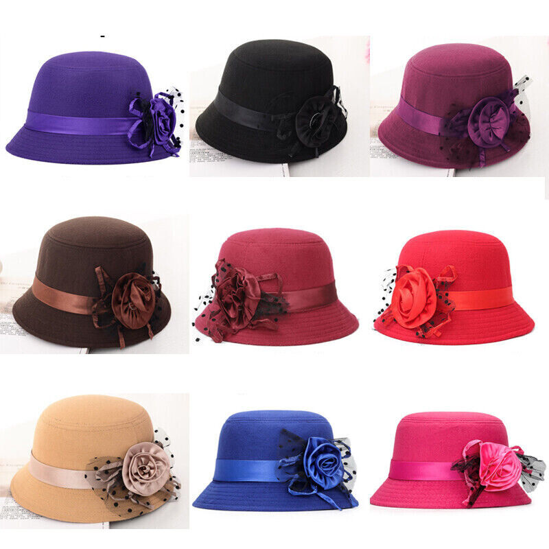 Retro Women Wool Felt Bucket Cap Ladies Flower Cloche Church Bowler Hat ...