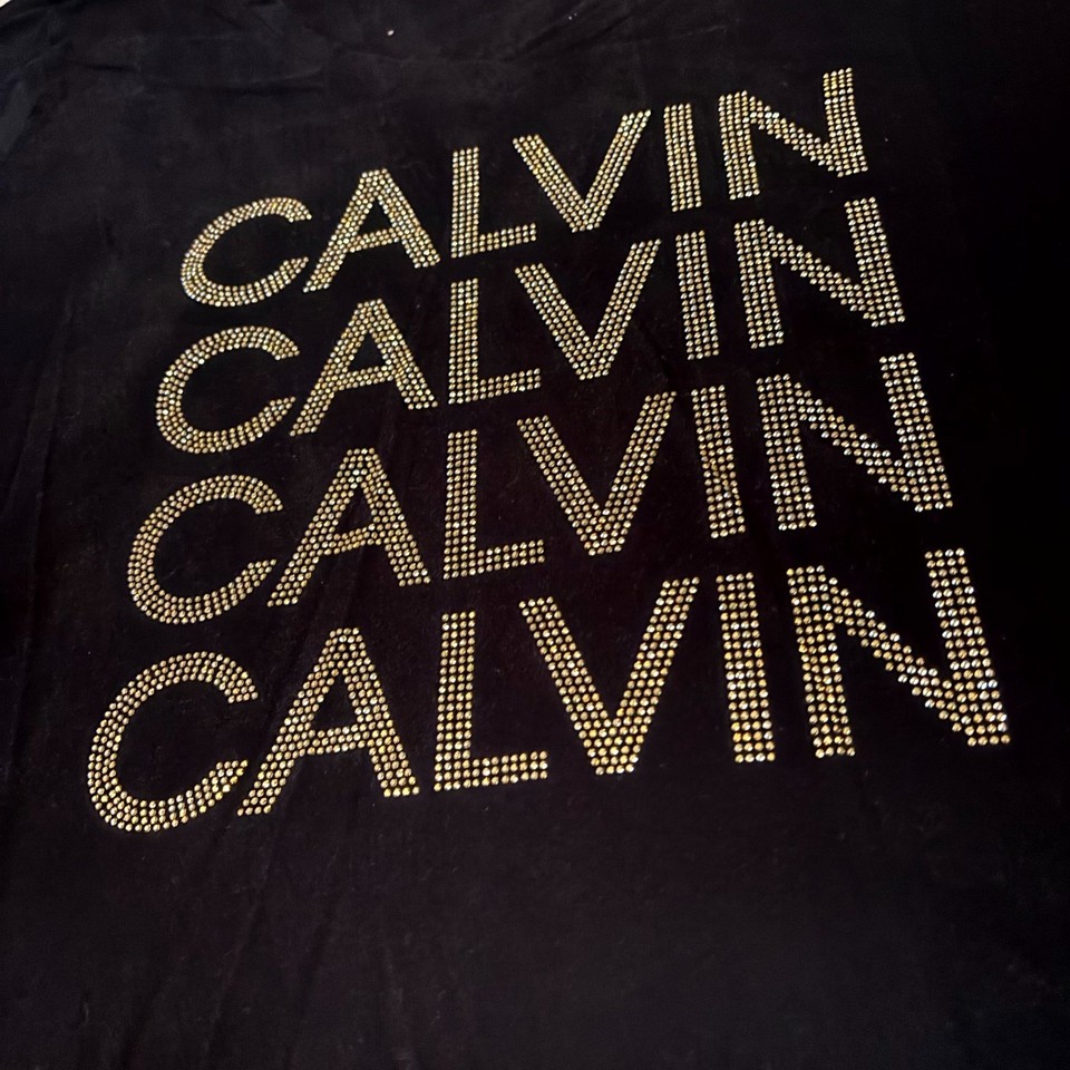 Calvin Klein Jeans Black Rhinestone “CALVIN” Graphic Tee – Women’s Size ...