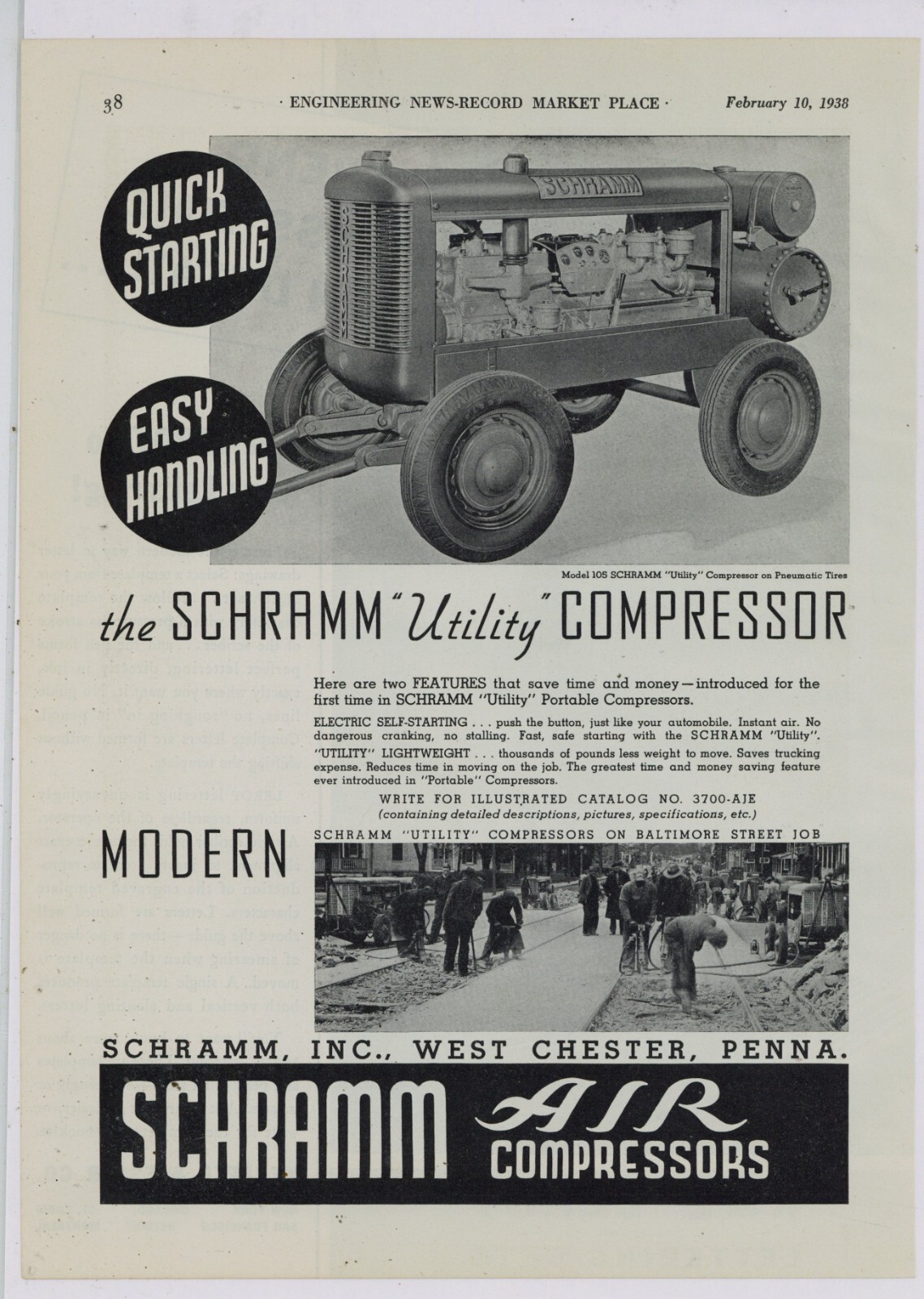 1938 Schramm Air Compressors Ad: Model 105 Utility, Baltimore Street ...