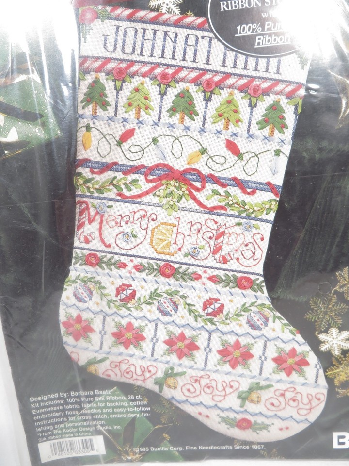 Bucilla Christmas Stocking Kit Cross Stitch Ribbon Embroidery Band ...