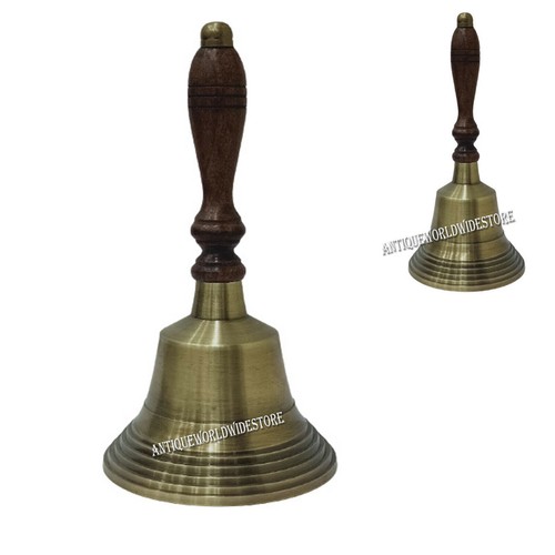 Nautical Vintage Antique Solid Brass Hand Bell 20.3cm with Wooden ...