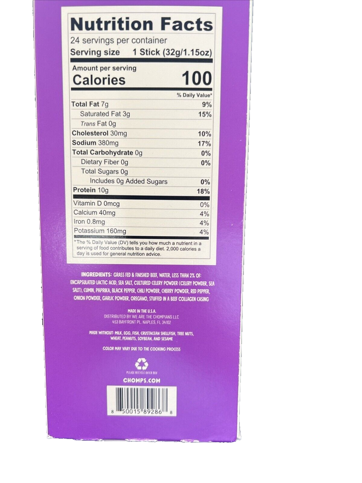 CHOMPS Taco Beef Sticks Grass Fed Medium Heat Box Of 24 - 1.15 Oz/Ea | eBay