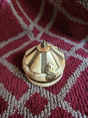 Vtg Ornate Bone Brass & Wood Sudha Round Trinket Box W/ Hinged Lid ...