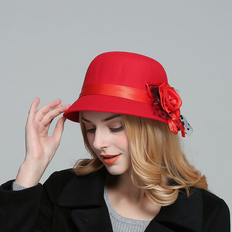 Retro Women Wool Felt Bucket Cap Ladies Flower Cloche Church Bowler Hat ...