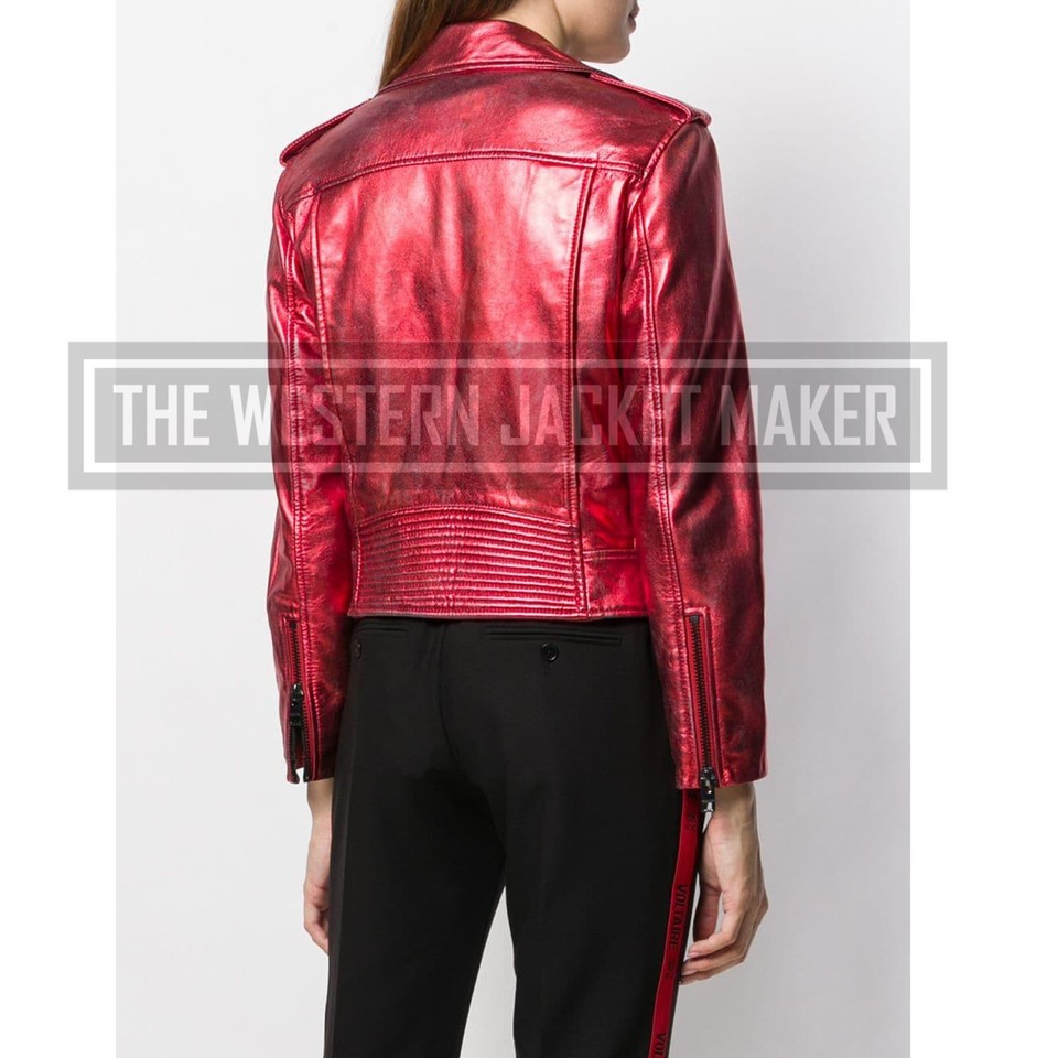 Women Metallic Red Biker Motorcycle Jacket XS-2XL Custom Brand New | eBay