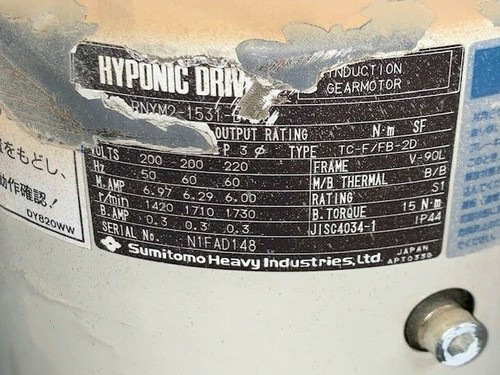 SUMITOMO, HYPONIC DRIVE, INDUCTION GEARMOTOR, MODEL NO. RNYM2-1531-B-20 ...