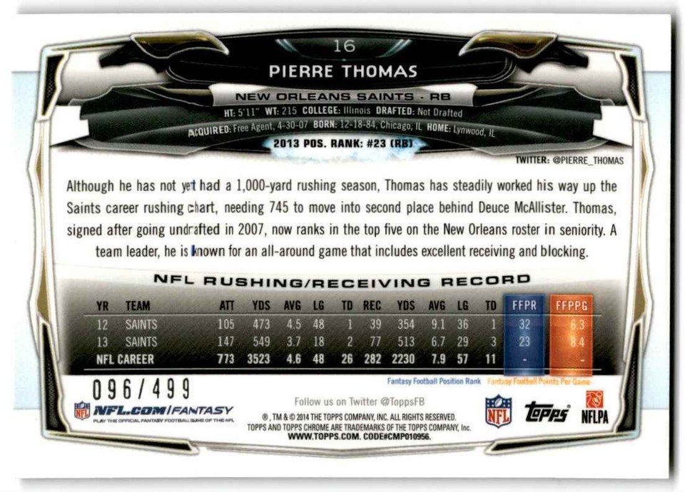 2014 Topps Chrome Camo Pierre Thomas 96/499 New Orleans Saints #54 Camo ...