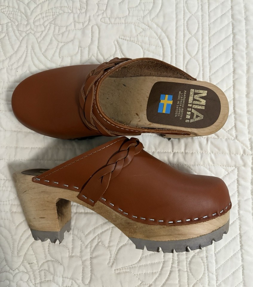 MIA Elsa Brown Leather and Wood Swedish Clogs Women's Size 7 | eBay