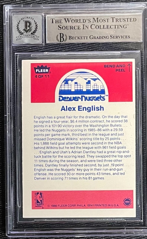 ALEX ENGLISH SIGNED 1986 FLEER STICKERS #4 BECKETT GEM MINT AUTO GRADE ...