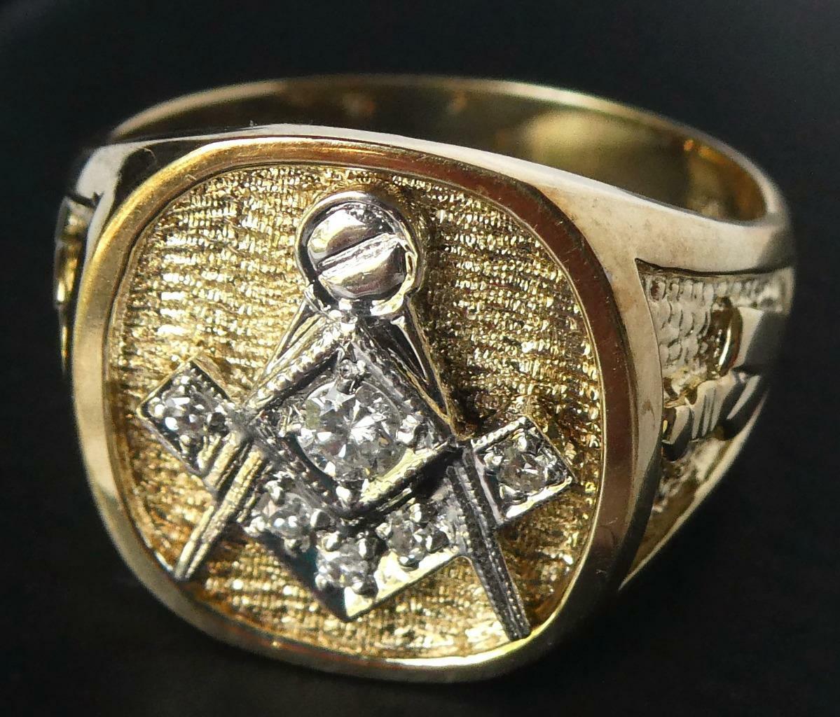 Heavy Vintage 14k Gold Diamond Masonic Freemason Ring New Old Stock Sz ...