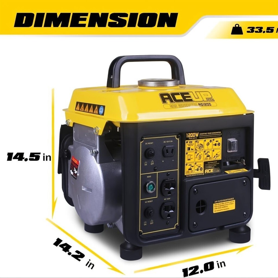 Aceup Energy 1200W Portable Gas Generator, 2-Stroke Metal Engine ...