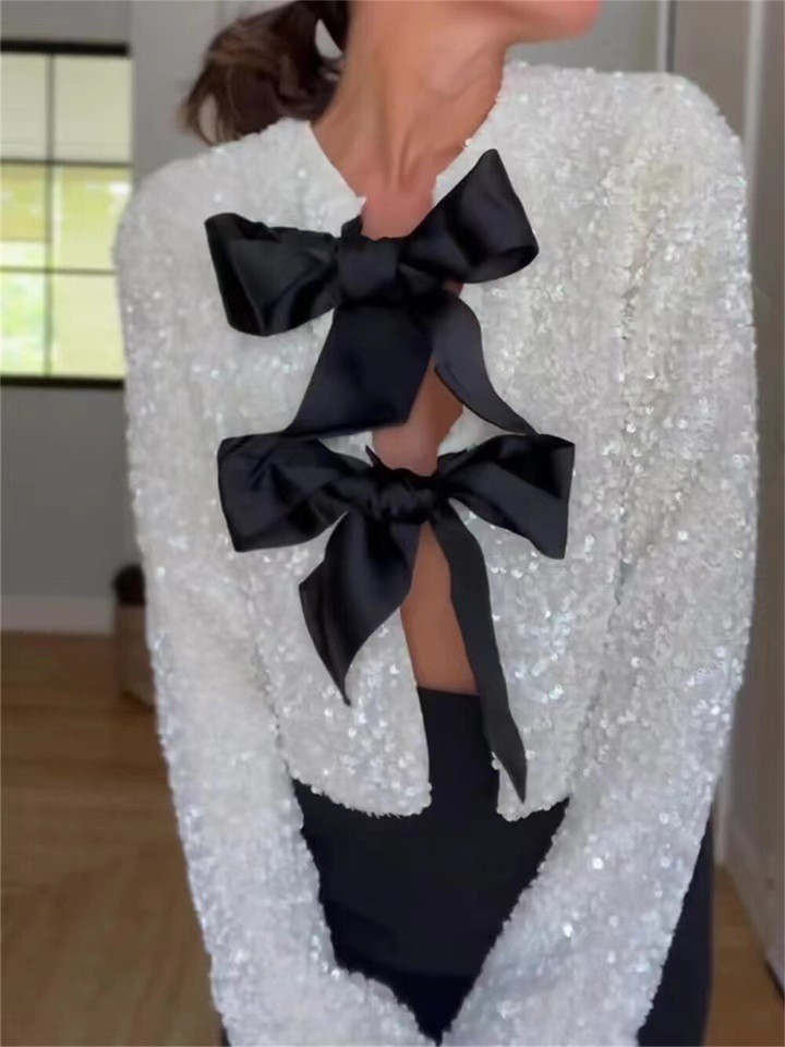 Women's Casual Sequin Jackets Bow Coats Christmas Sparkling Party ...