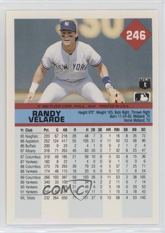 1992 Fleer - Randy Velarde #246 Blank Front for sale online | eBay