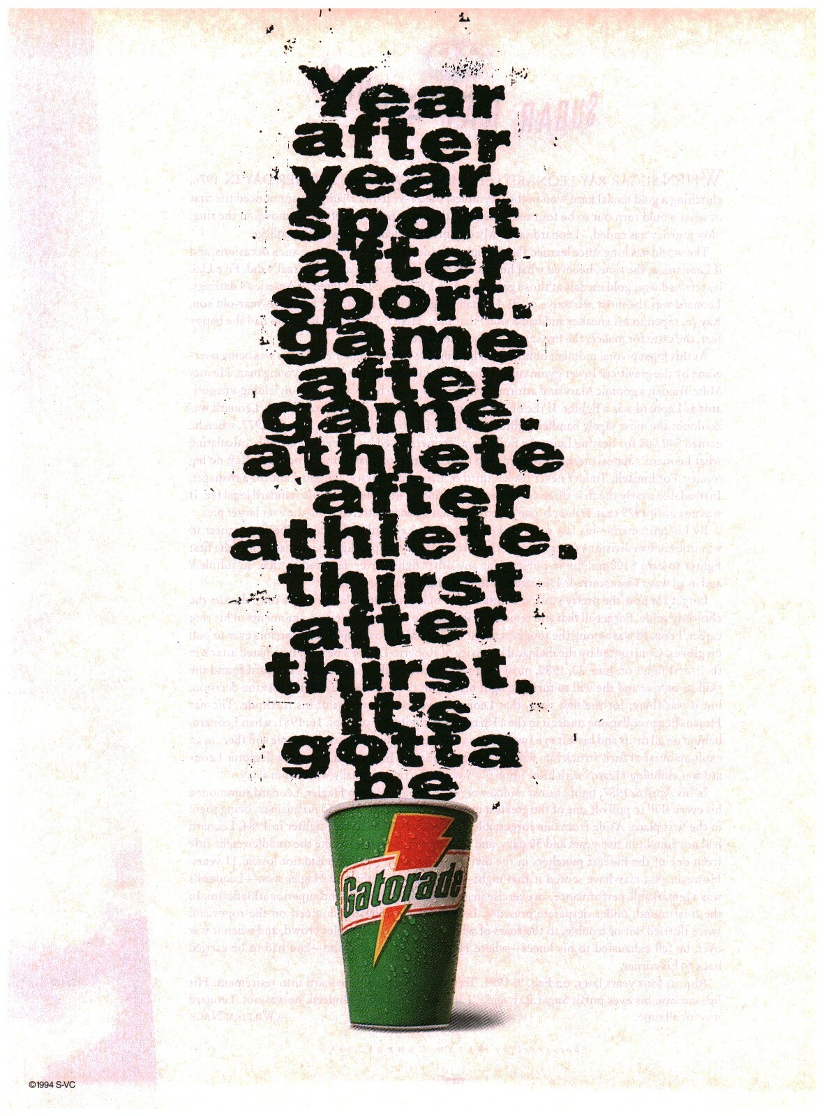 1994 VINTAGE PRINT AD - GATORADE AD..YEAR AFTER YEAR , SPORT AFTER ...