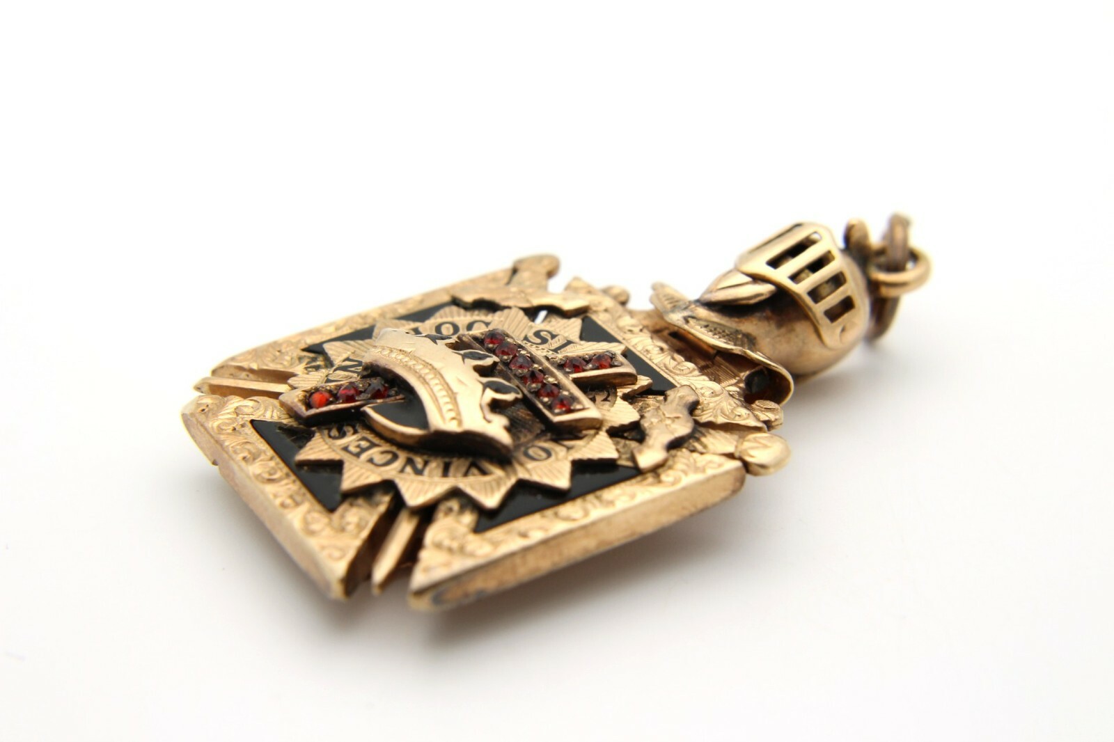 Estate 10k Rose Gold Knights Templar Masonic Garnet "In HocSigno Vinces ...