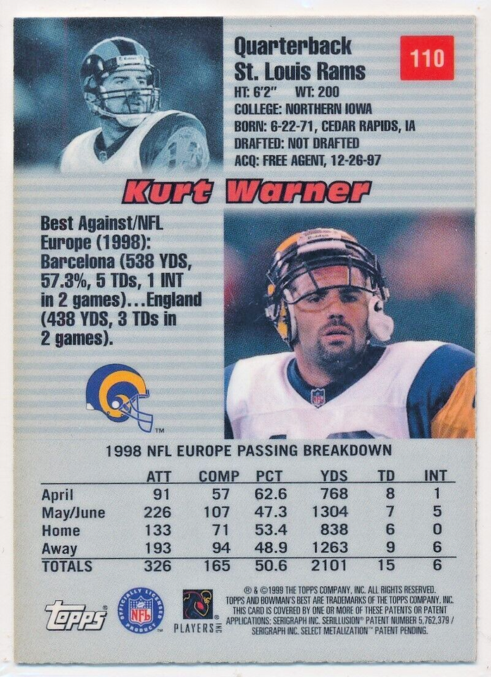 1999 Bowman's Best Football Kurt Warner #110 Rookie RC St. Louis Rams ...